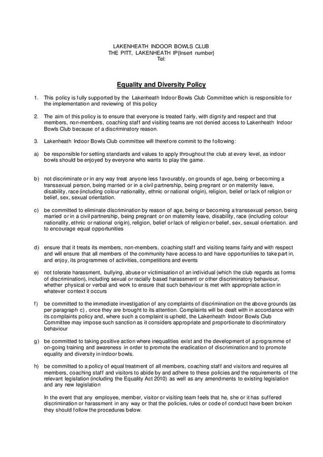 Equality and diversity policy sample in Word and Pdf formats