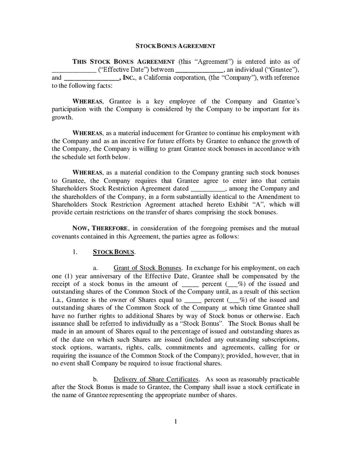 Stock bonus agreement (California corporation) in Word and Pdf formats