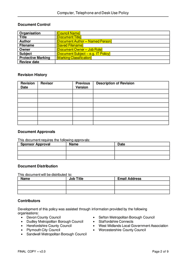 Computer, telephone and desk use policy in Word and Pdf formats - page ...