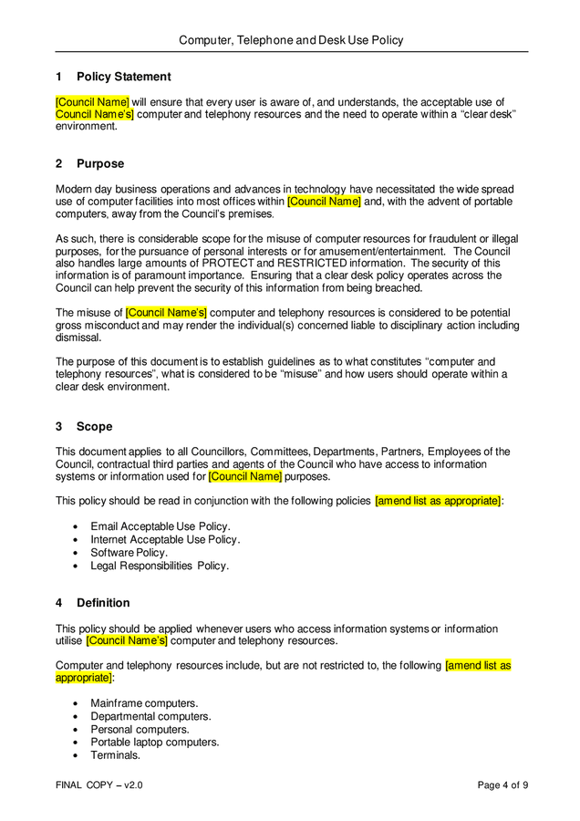 Computer, telephone and desk use policy in Word and Pdf formats - page ...