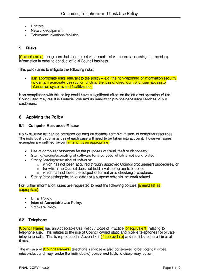 Computer, telephone and desk use policy in Word and Pdf formats - page ...