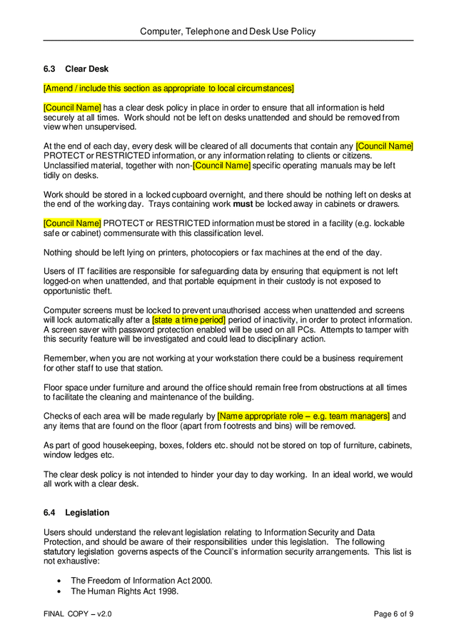 Computer, telephone and desk use policy in Word and Pdf formats - page ...