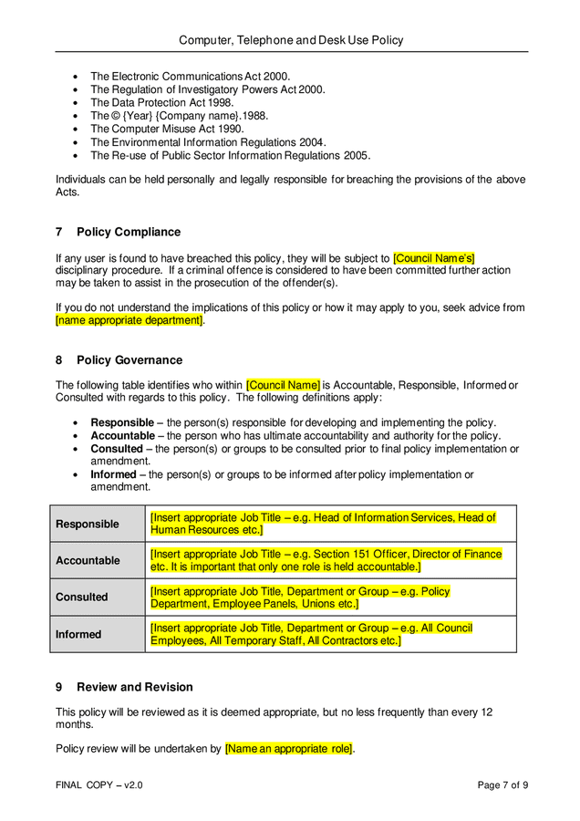 Computer, telephone and desk use policy in Word and Pdf formats - page ...