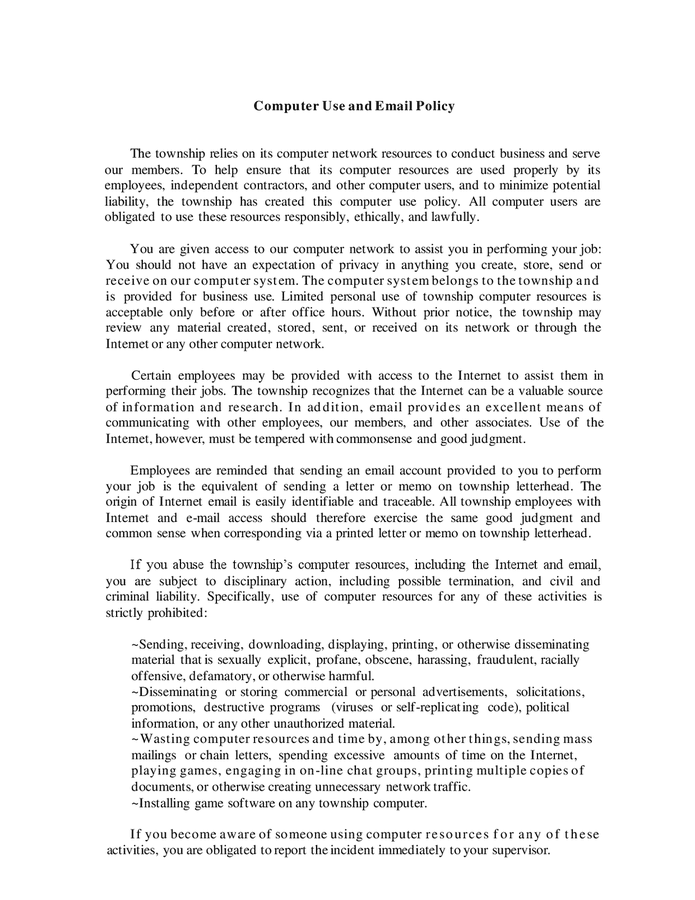 Computer use and email policy (township) in Word and Pdf formats
