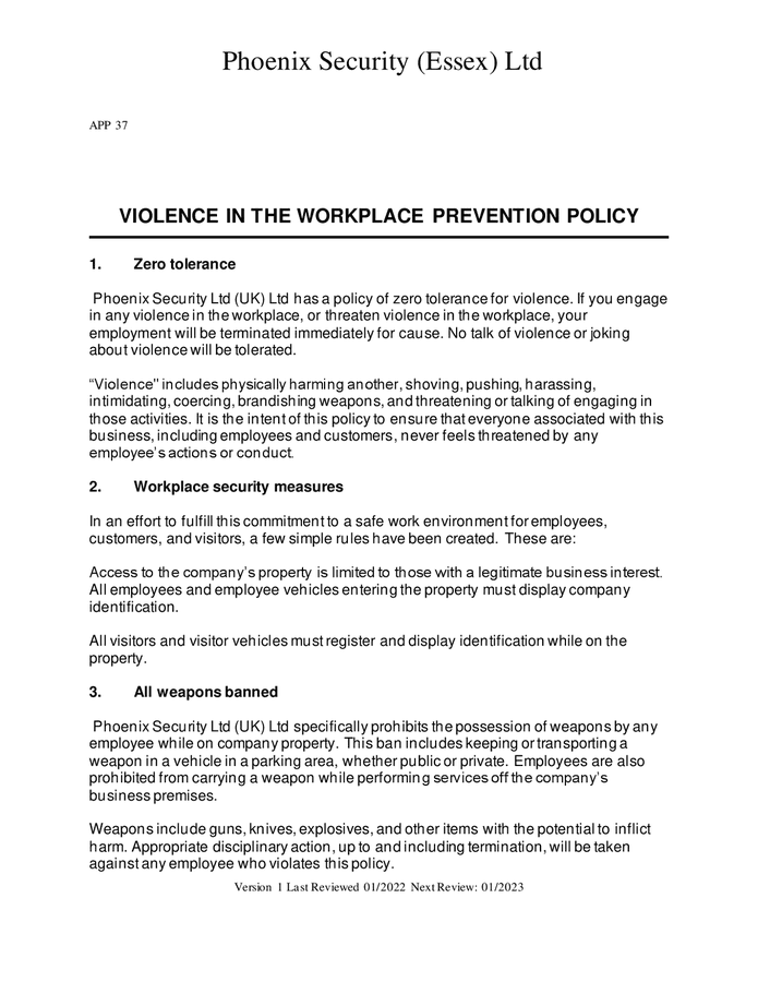Violence in the workplace prevention policy sample in Word and Pdf formats