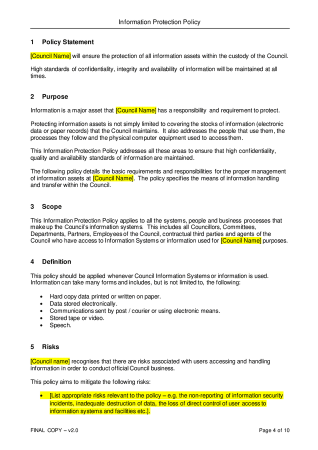Information Protection Policy In Word And Pdf Formats Page 4 Of 10