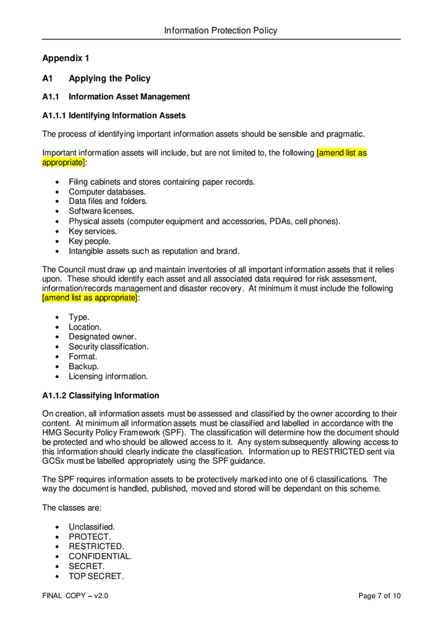 Information protection policy in Word and Pdf formats - page 7 of 10