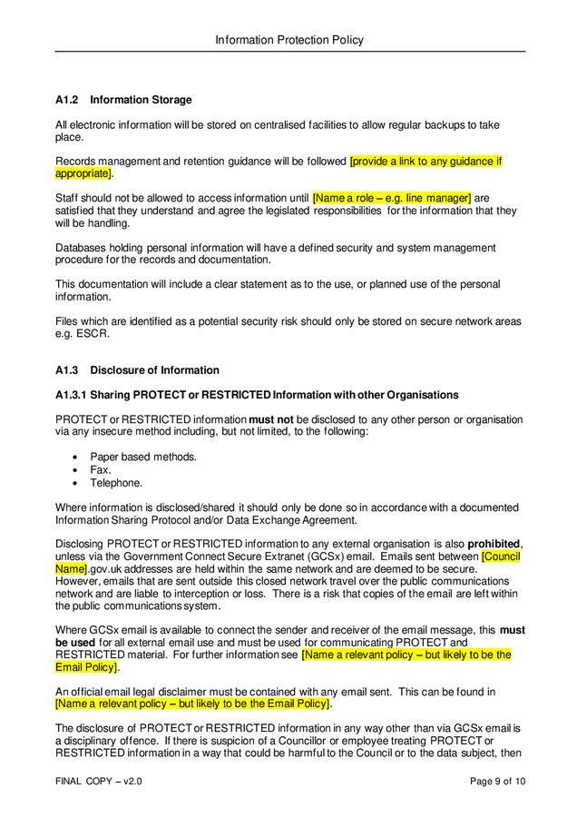 Information protection policy in Word and Pdf formats - page 9 of 10