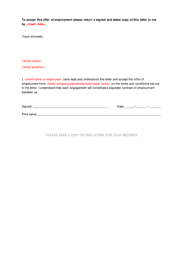 Letter of engagement for casual employees (Australia) in Word and Pdf ...