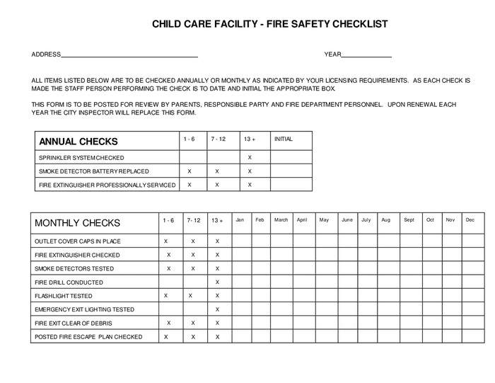 Fire safety checklist - child care facility in Word and Pdf formats
