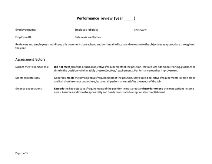 Performance review template in Word and Pdf formats