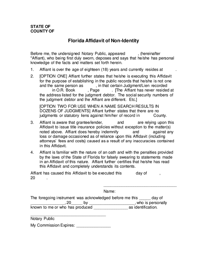 Affidavit of non-identity (Florida) in Word and Pdf formats