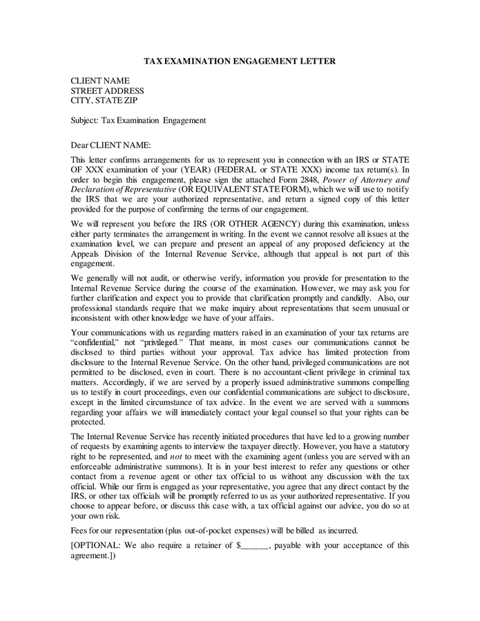 Tax examination engagement letter in Word and Pdf formats