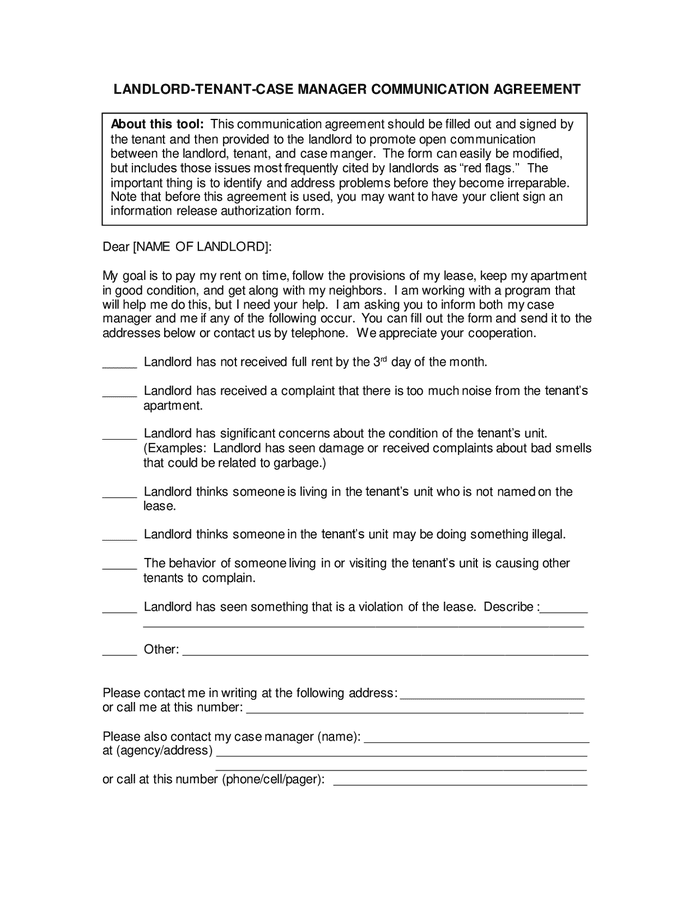 Landlord-tenant-case manager communication agreement in Word and Pdf ...