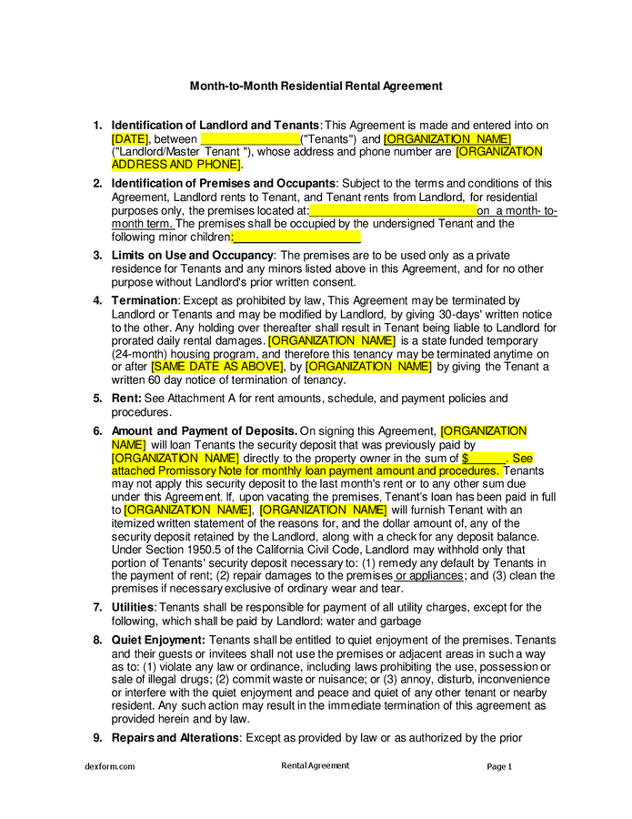 Month-to-month residential rental agreement in Word and Pdf formats