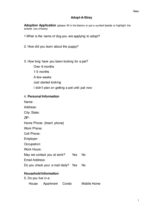 Adopt-a-stray form in Word and Pdf formats