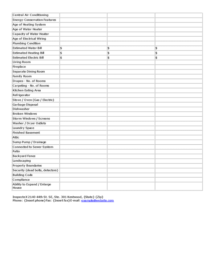 Home comparison checklist in Word and Pdf formats - page 2 of 2