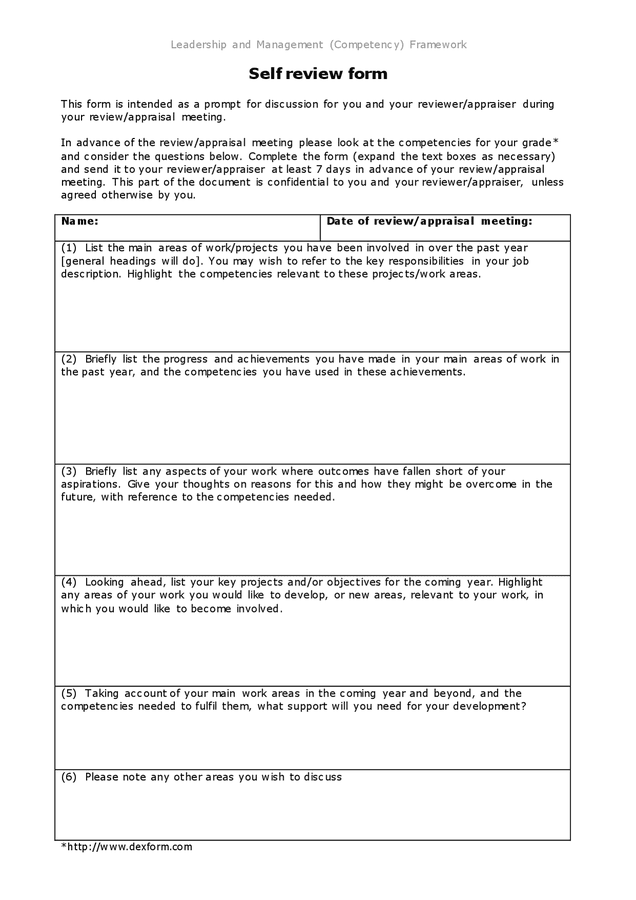 Appraisal meeting self review form in Word and Pdf formats