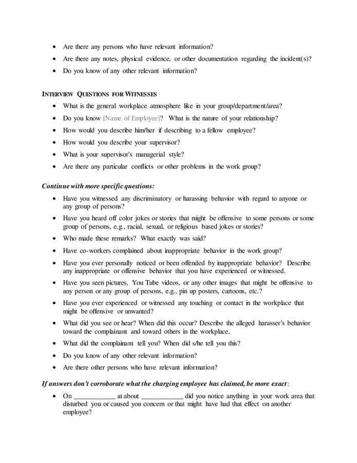 Sexual harassment investigation interview questions in Word and Pdf ...