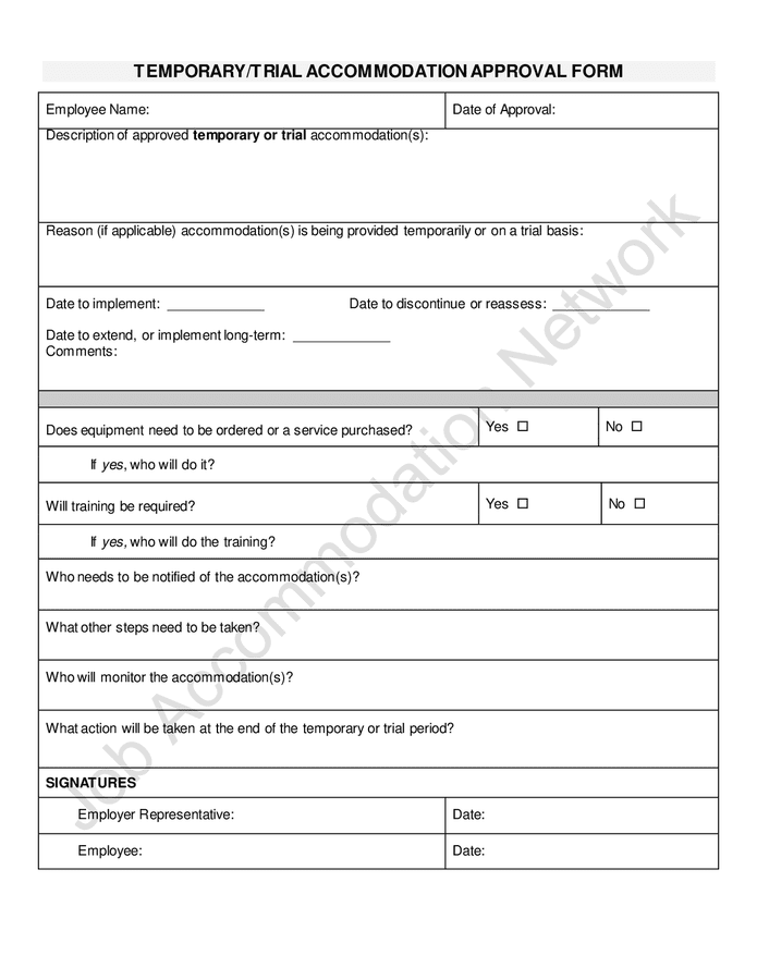 Temporary / trial accommodation approval form in Word and Pdf formats