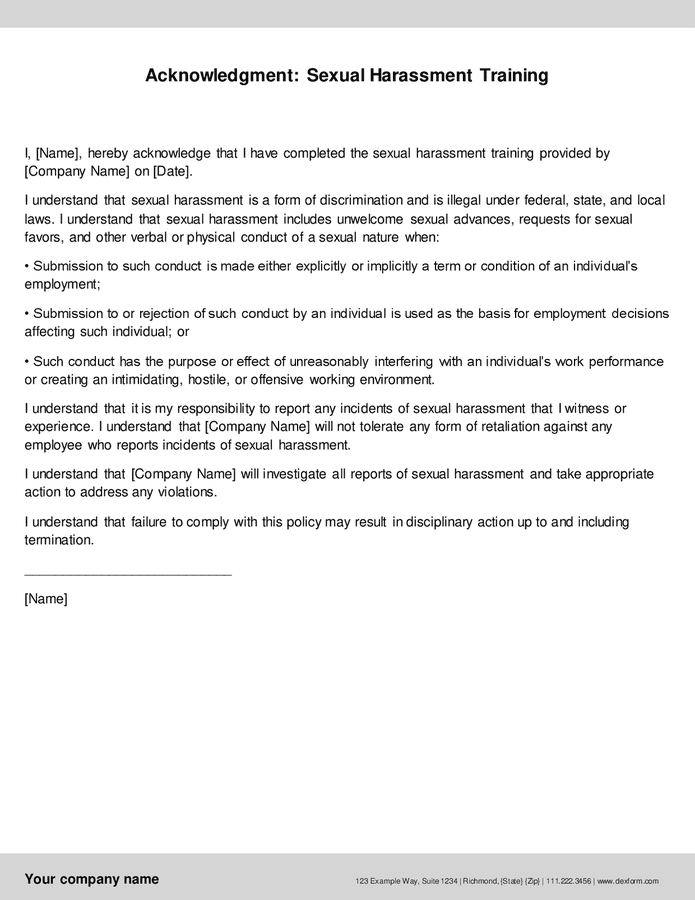 Sexual Harassment Training Acknowledgment In Word And Pdf Formats