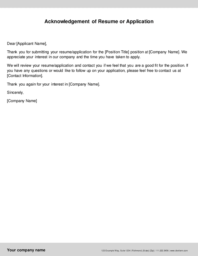 Acknowledgement of resume or application in Word and Pdf formats