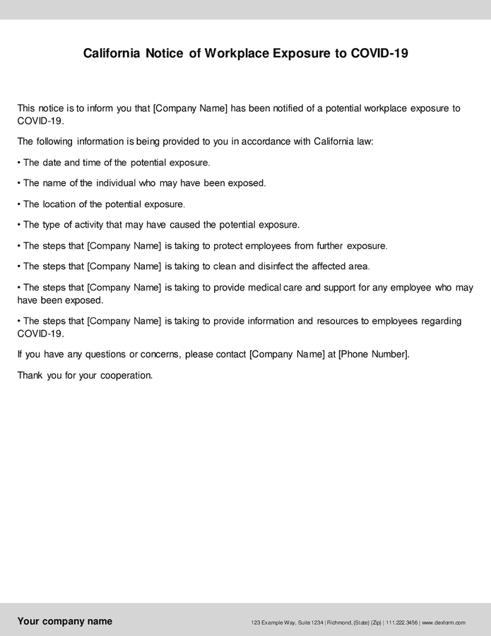 Notice of workplace exposure to COVID-19 (California) in Word and Pdf ...