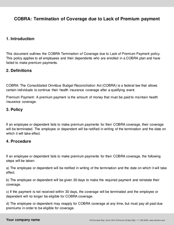 COBRA - termination of coverage due to lack of premium payment in Word ...