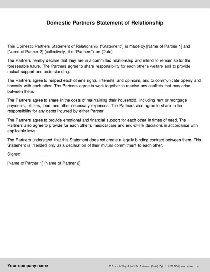 Domestic partners statement of relationship in Word and Pdf formats