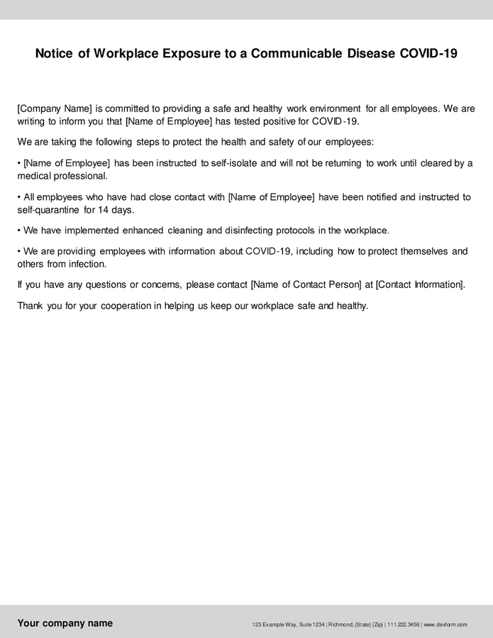 Notice of workplace exposure to a communicable disease Covid-19 in Word ...