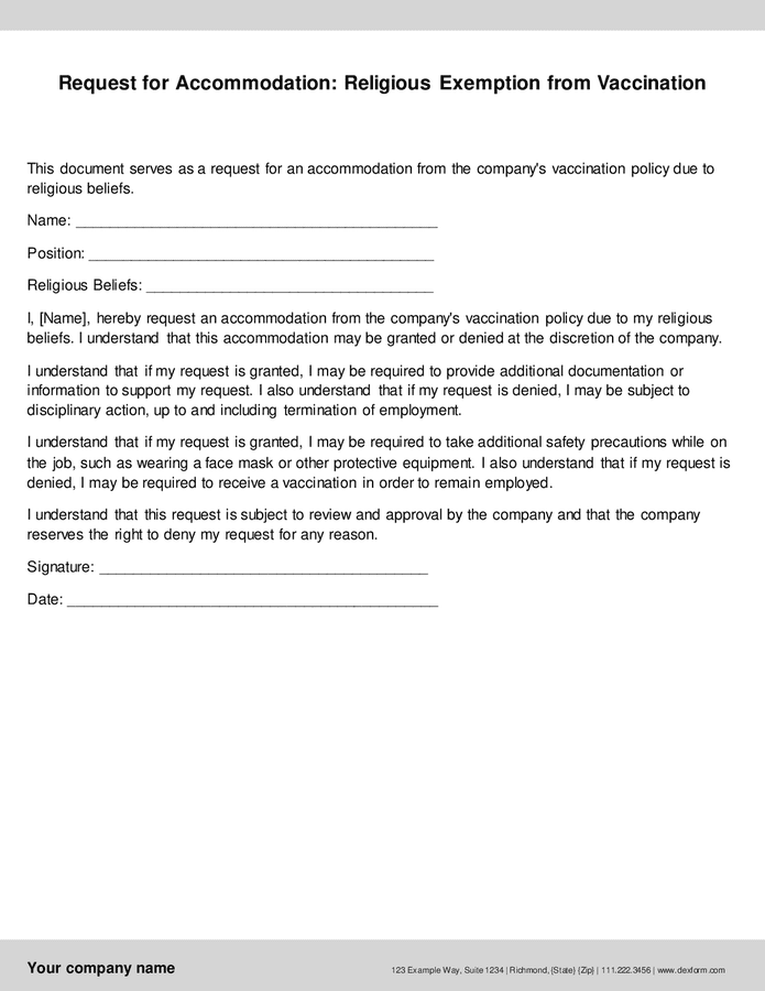Request for accommodation - religious exemption from vaccination in ...