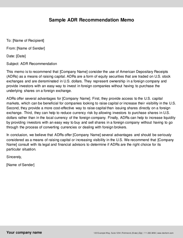 Sample ADR recommendation memo in Word and Pdf formats