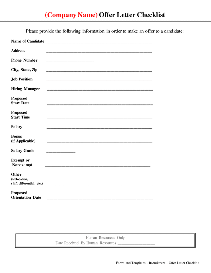 Company offer letter checklist in Word and Pdf formats