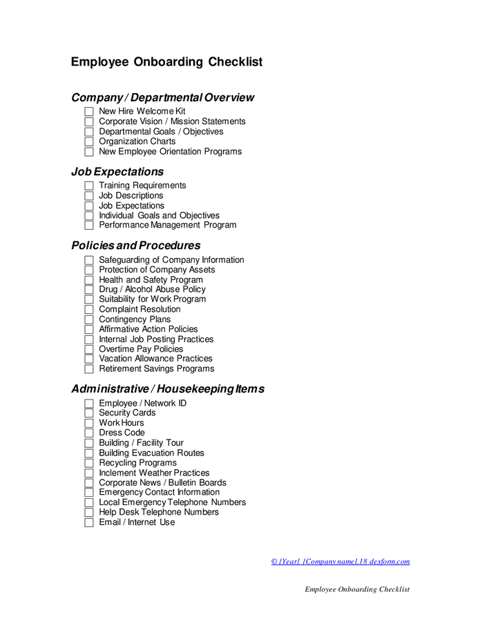 Employee onboarding checklist in Word and Pdf formats