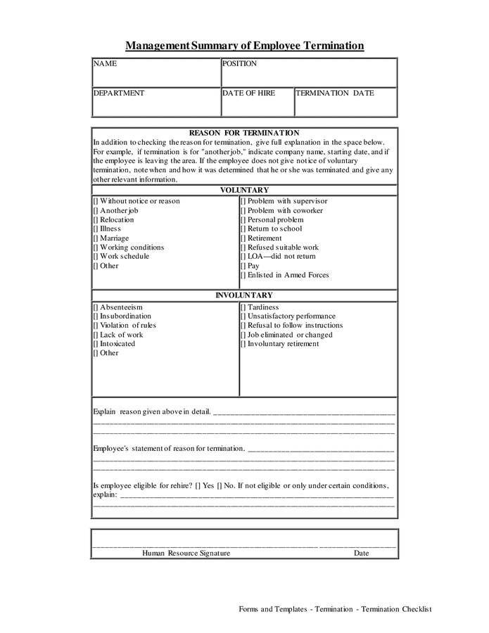 Management summary of employee termination in Word and Pdf formats