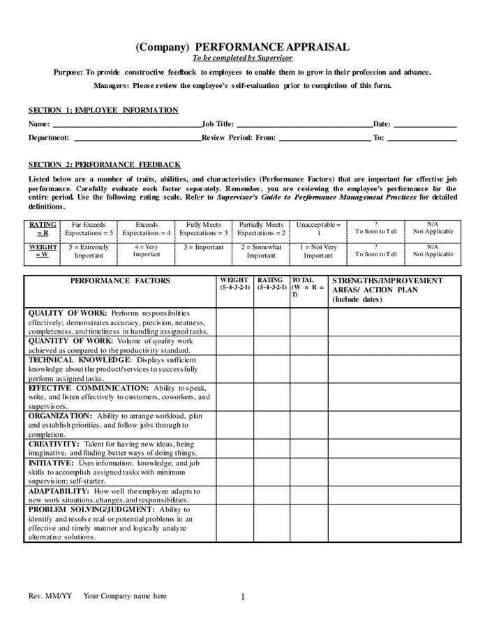 Supervisory performance evaluation form in Word and Pdf formats