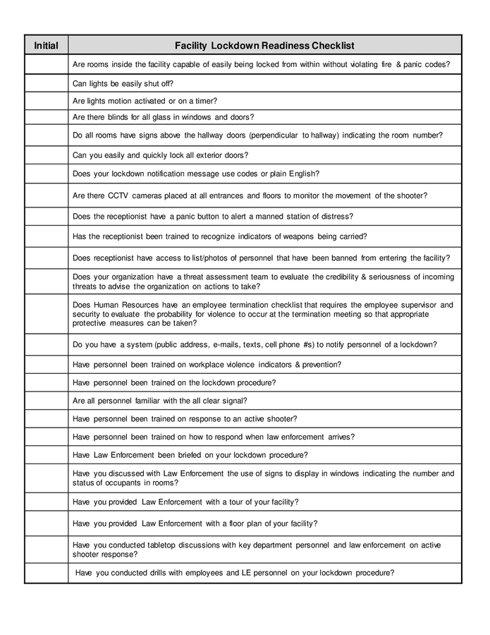 Facility lockdown readiness checklist in Word and Pdf formats