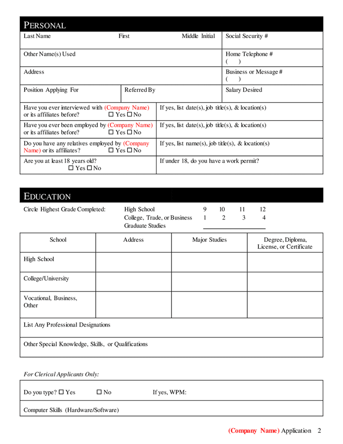 Application for employement sample in Word and Pdf formats - page 2 of 4