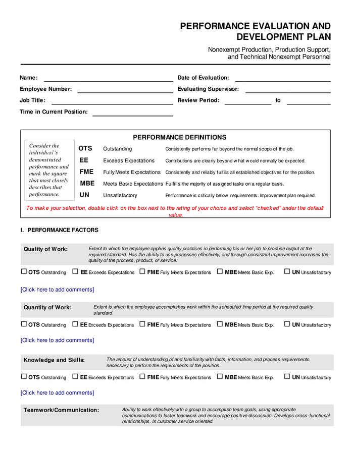 Performance evaluation and development plan in Word and Pdf formats