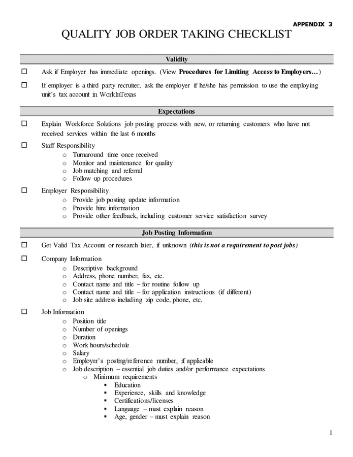 Quality job order taking checklist in Word and Pdf formats