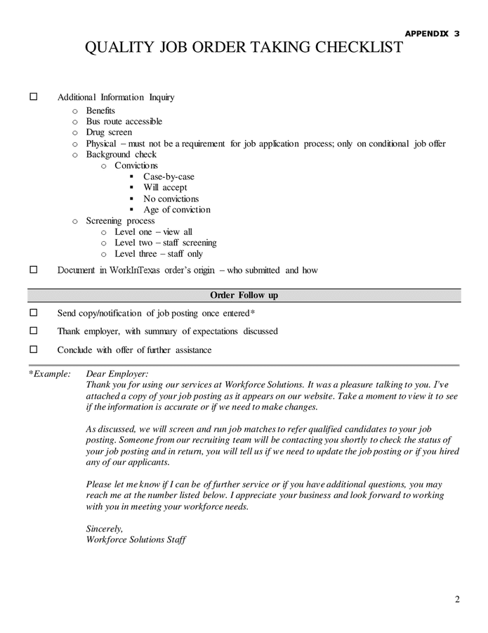 Quality job order taking checklist in Word and Pdf formats - page 2 of 2