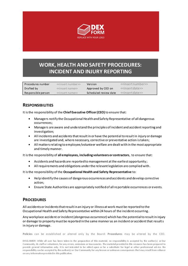 Work, health and safety policy - injury reporting (Australia) in Word ...