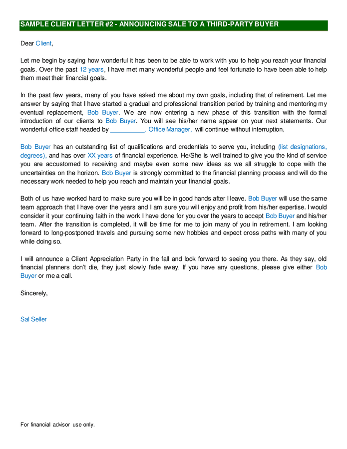 Sample letters to clients from financial advisors in Word and Pdf ...
