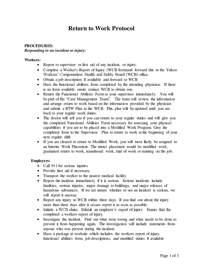Sample return to work protocol in Word and Pdf formats