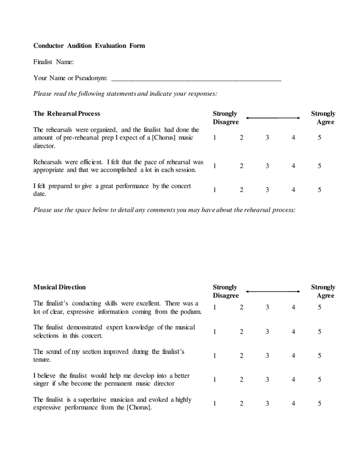 Chorus conductor audition evaluation form in Word and Pdf formats