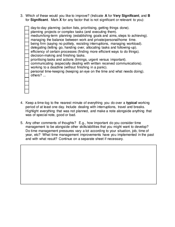 Time management questionnaire in Word and Pdf formats - page 2 of 2