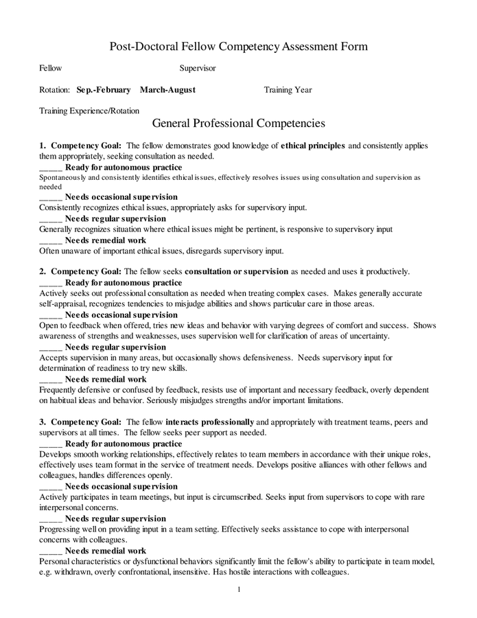 Post-doctoral fellow competency assessment form in Word and Pdf formats