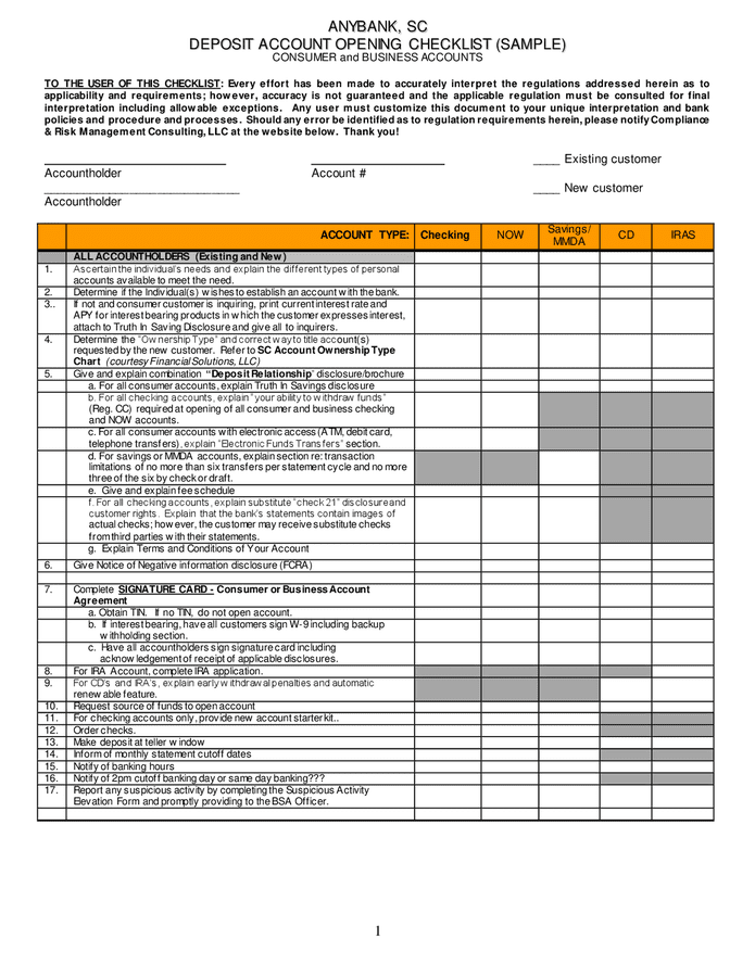 Deposit account opening checklist in Word and Pdf formats