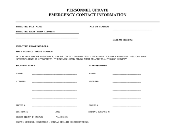 Personnel update emergency contact information in Word and Pdf formats