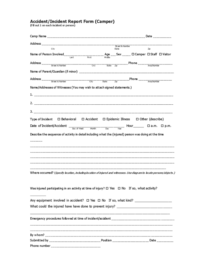 Accident / incident report form (Camper) in Word and Pdf formats